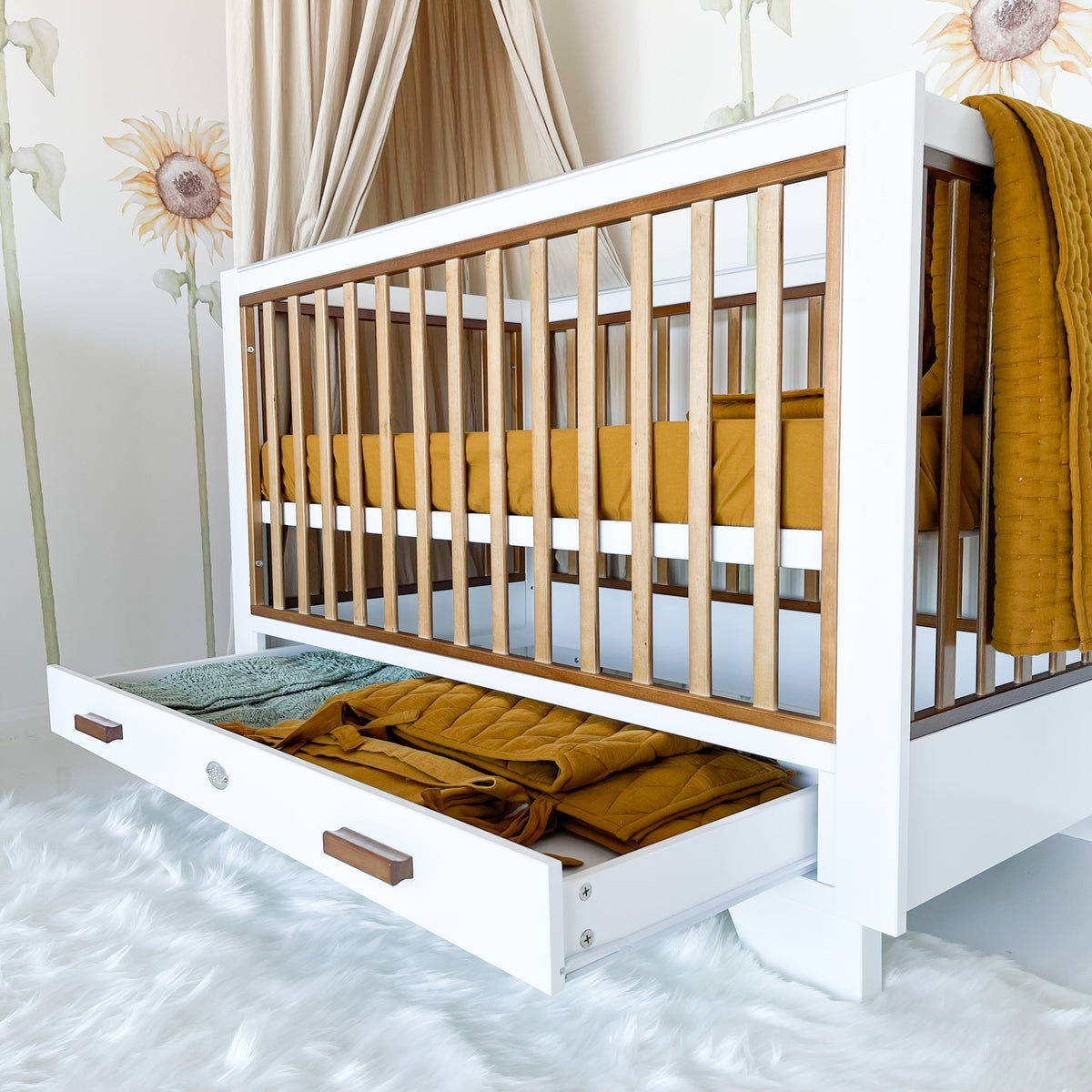 Two Tone Cot with 6 Drawer Chest and Rocking Cradle – Cloud 9 Baby Bedrooms
